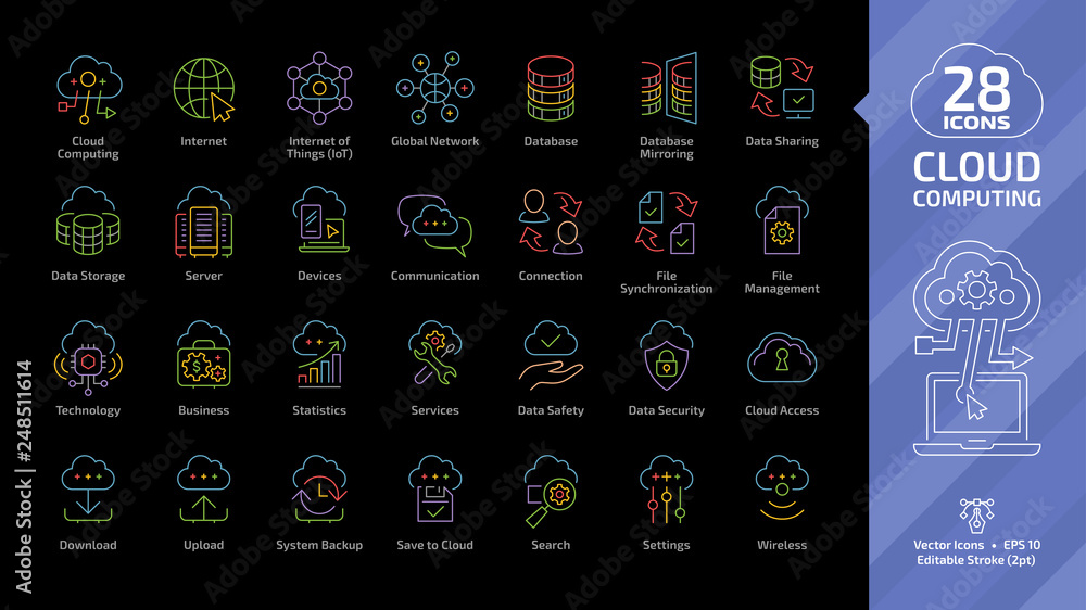 Cloud computing editable stroke outline color icon set on a black ...