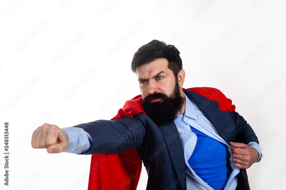 Superman flying. Bearded businessman. Super man flying up. Save the ...