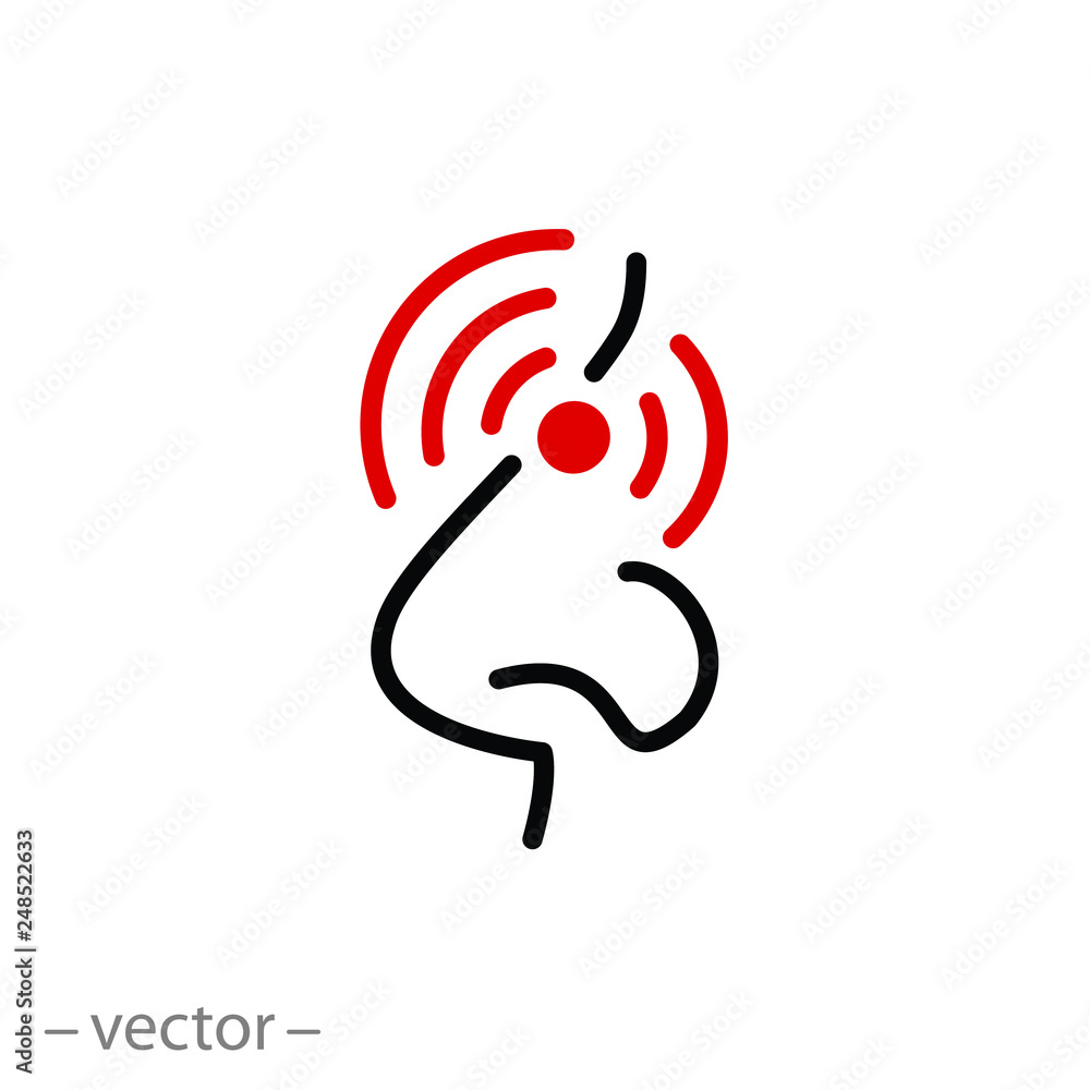 nose pain icon, ache or inflammation nose linear sign isolated on white ...