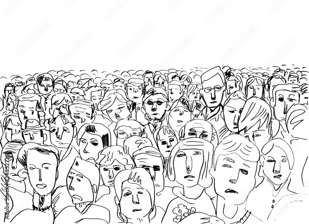 Black and white contour of a crowd of people drawing a marker on a ...