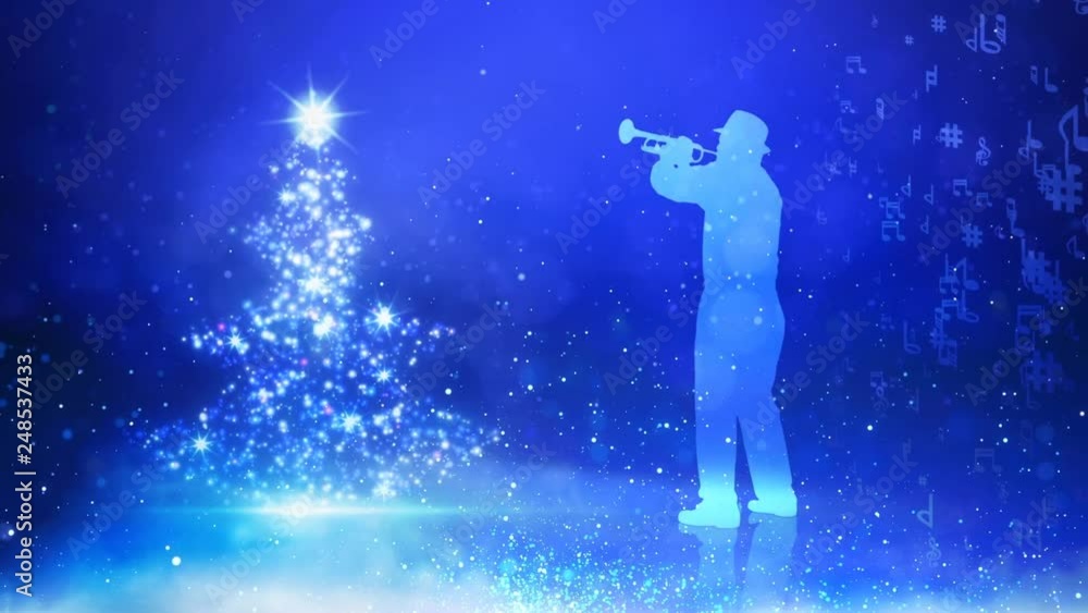 Christmas Tree Musician Blue Background 4K features the silhouette of a ...