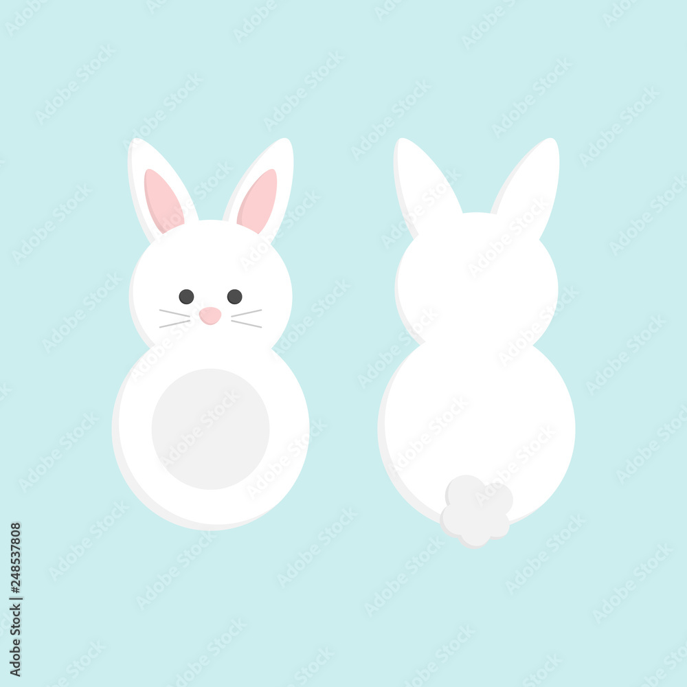 Cute Easter bunny from front and back view, isolated on blue background ...