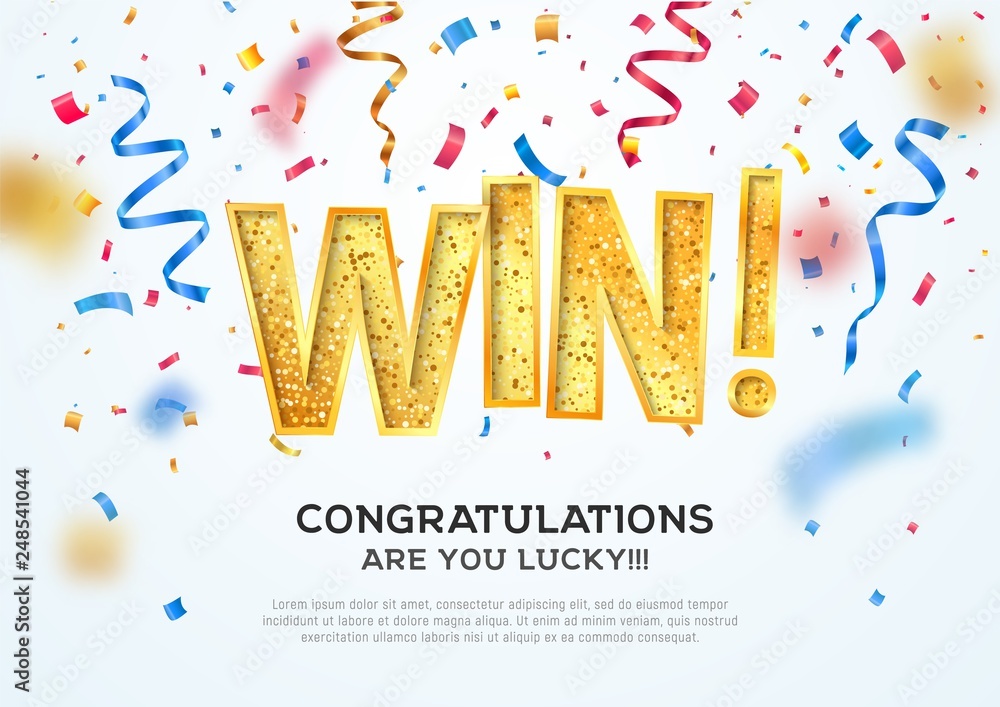 Celebration of win on falling down confetti background. Winning vector ...