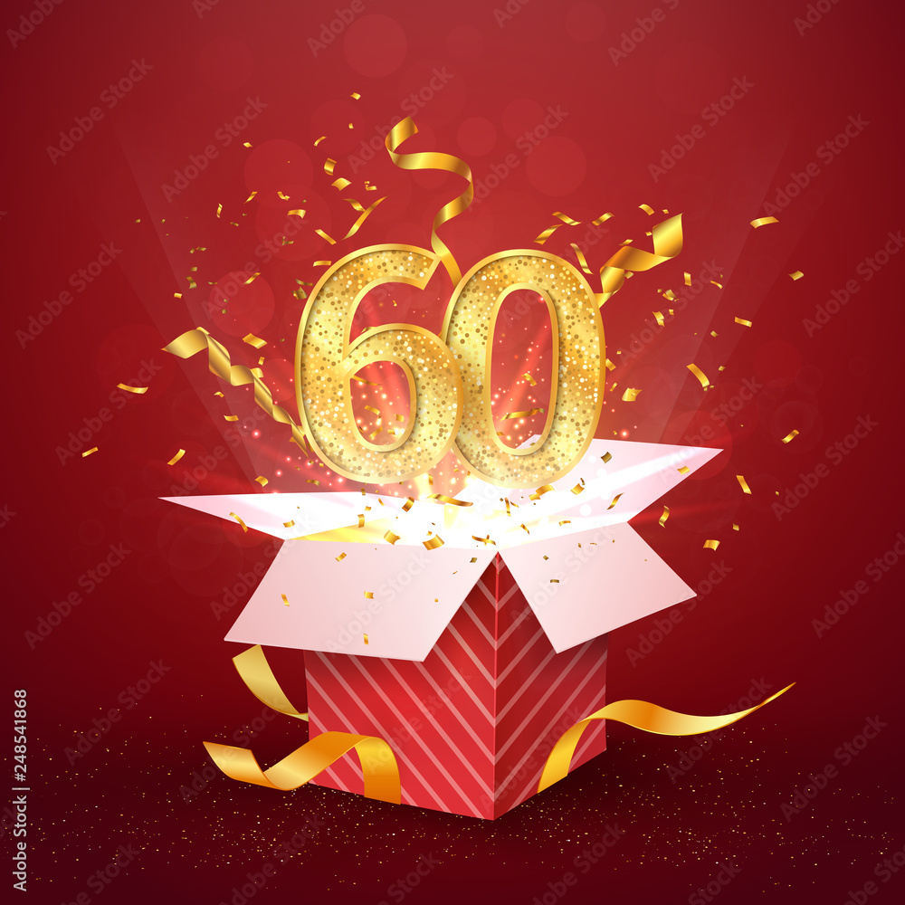60 th years number anniversary and open gift box with explosions ...