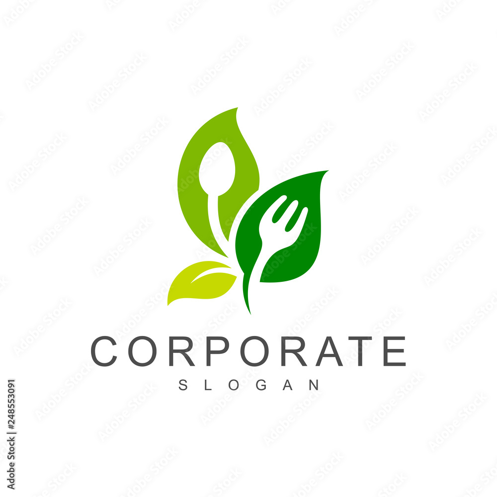 Healthy Food Logo, Fresh Food Logo, Leaf With Spoon And Fork Logo Stock ...