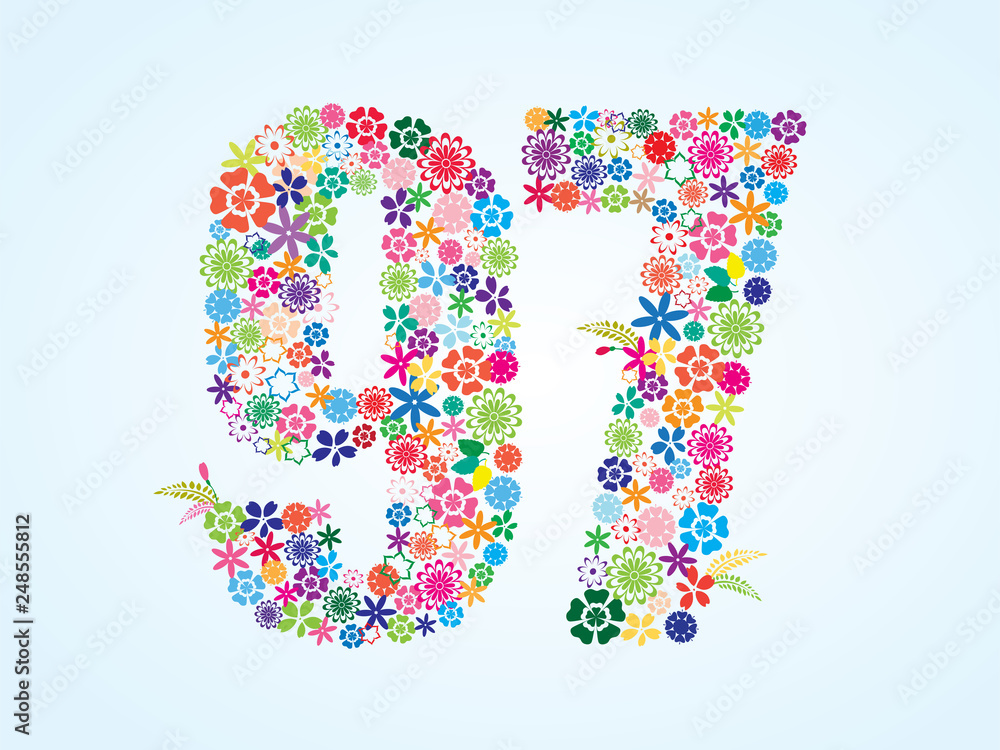 Vector Colorful Floral 97 Number Design isolated on white background ...