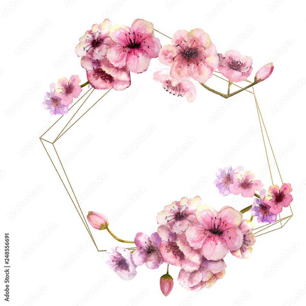 Cherry blossom, Sakura Branch with pink flowers on gold frame and ...