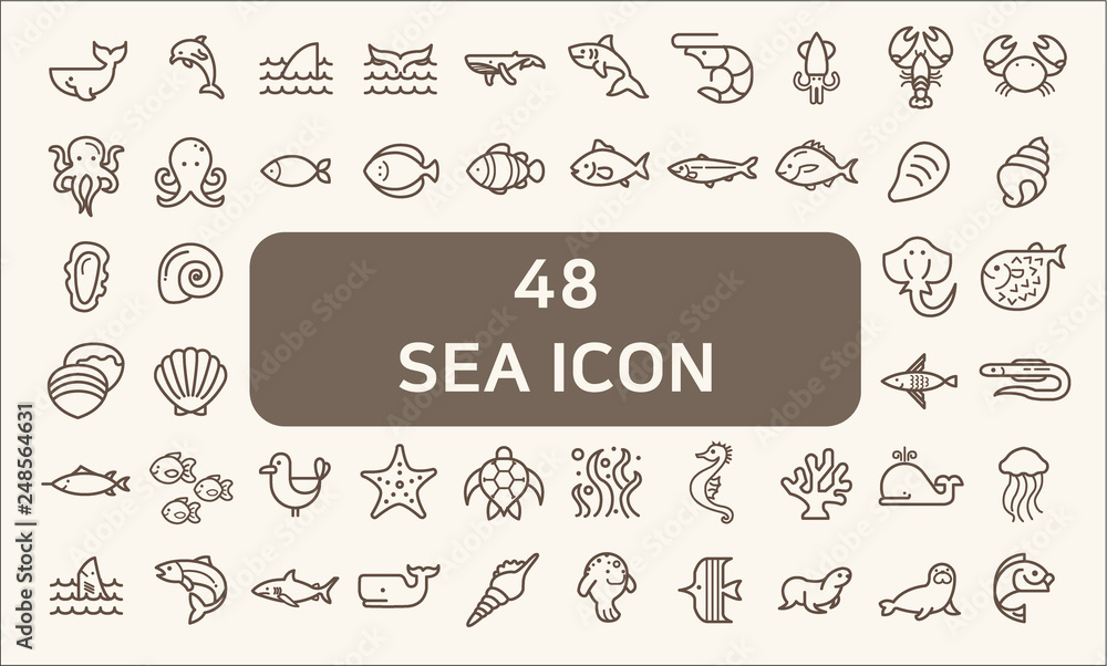 Set of 48 sea life and ocean Vector Icons. Contains such Icons as ...