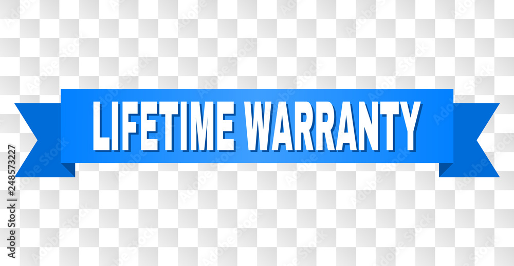 LIFETIME WARRANTY text on a ribbon. Designed with white title and blue ...
