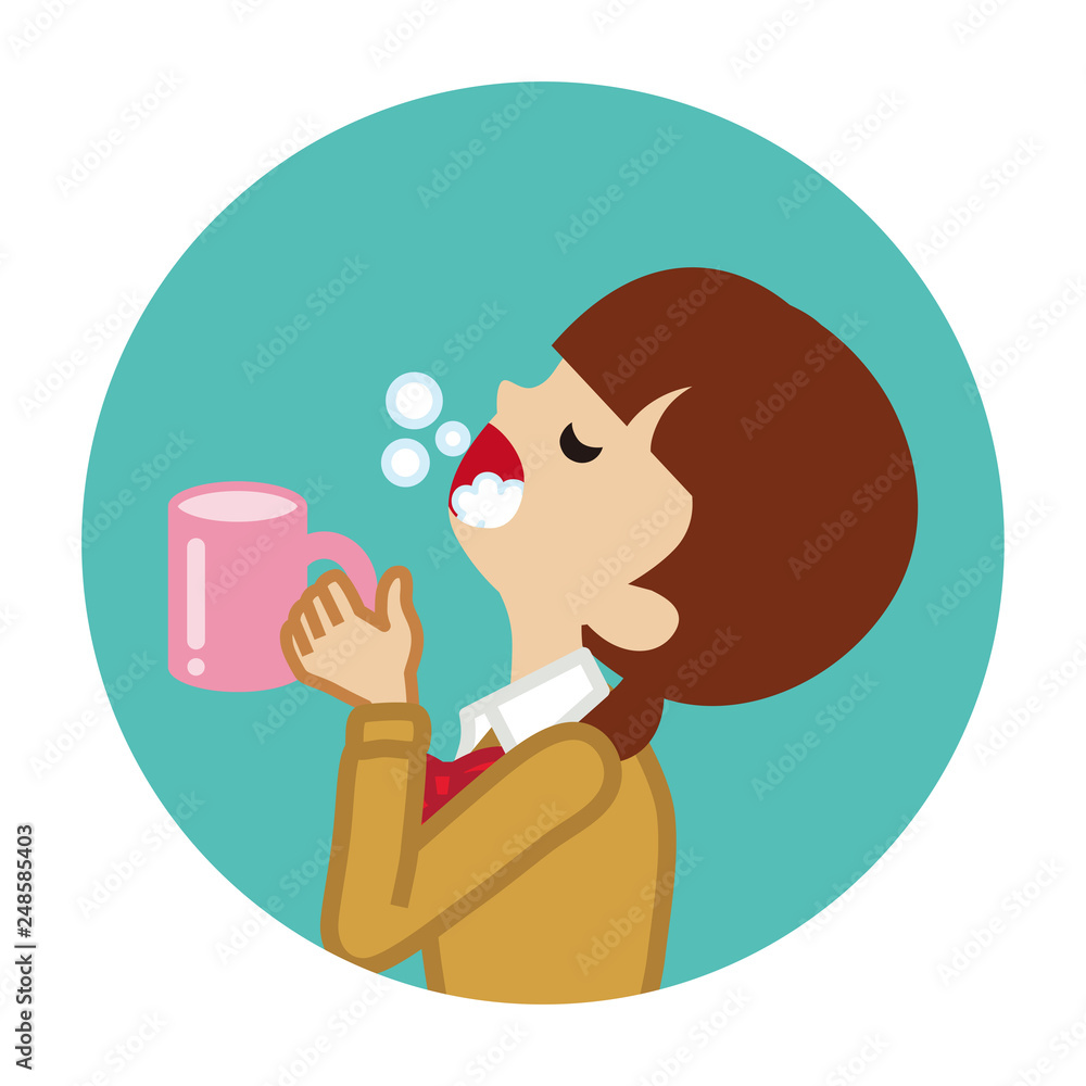 Female student gargling with water for prevent cold - Circular icon ...