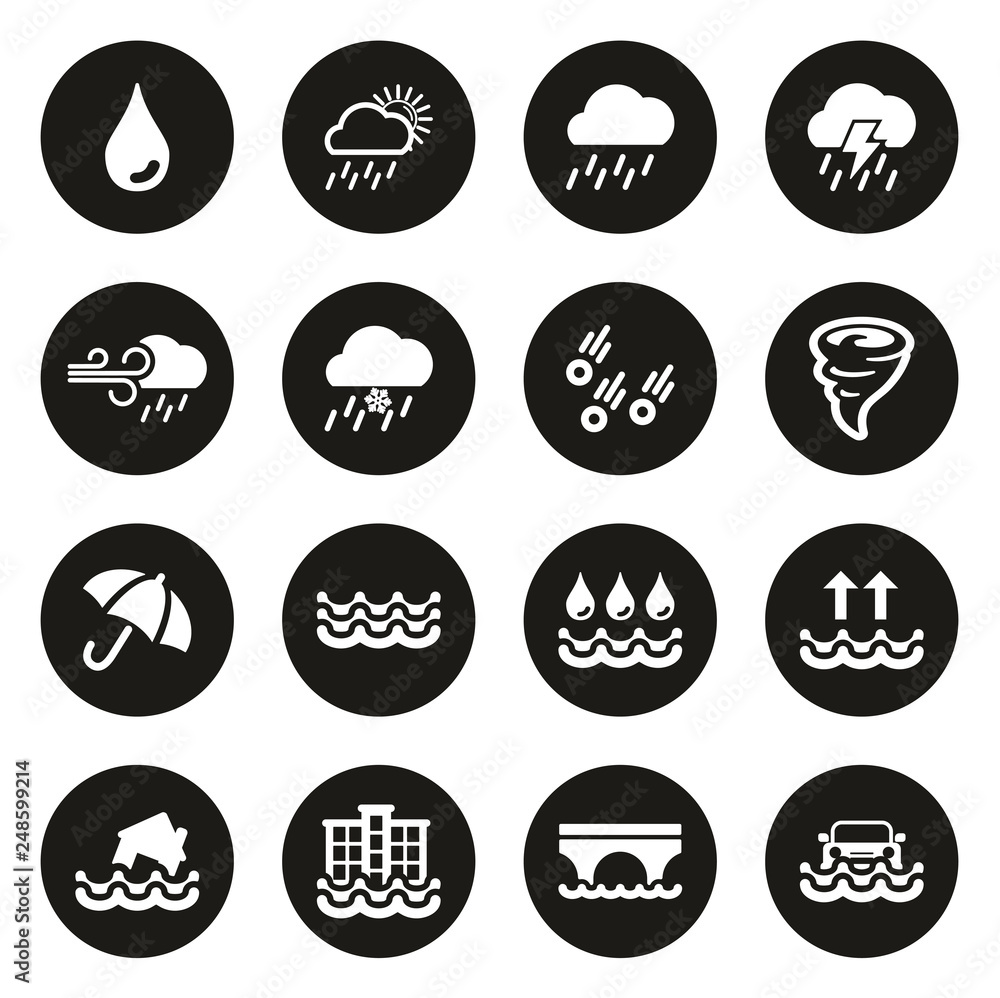 Rain or Rain Flood Icons White On Black Circle Stock Vector | Adobe Stock