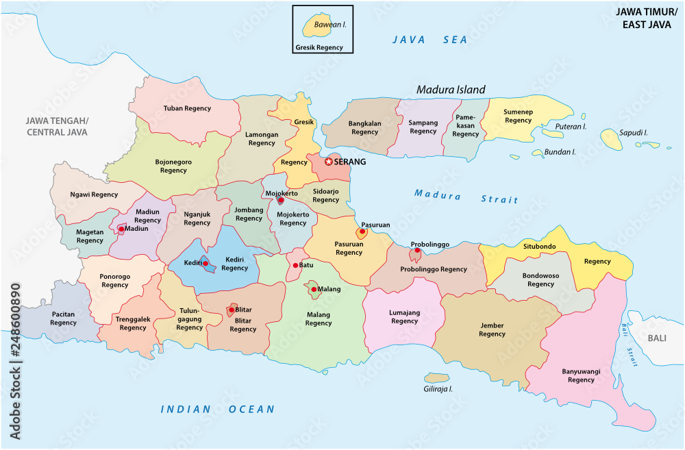 Jawa Timur, East Java administrative and political vector map ...