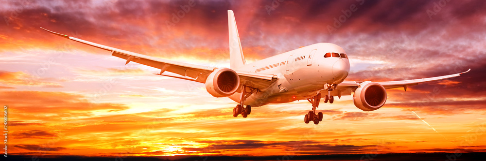 business jet airplane with gear down landing on dramatic sunset sky ...