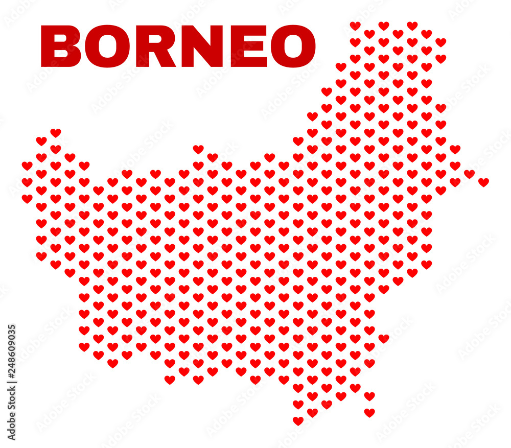 Mosaic Borneo map of love hearts in red color isolated on a white ...