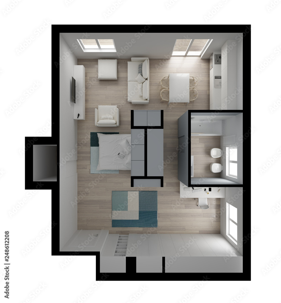 One room apartment flat top view, Murphy bed, furniture and decors ...