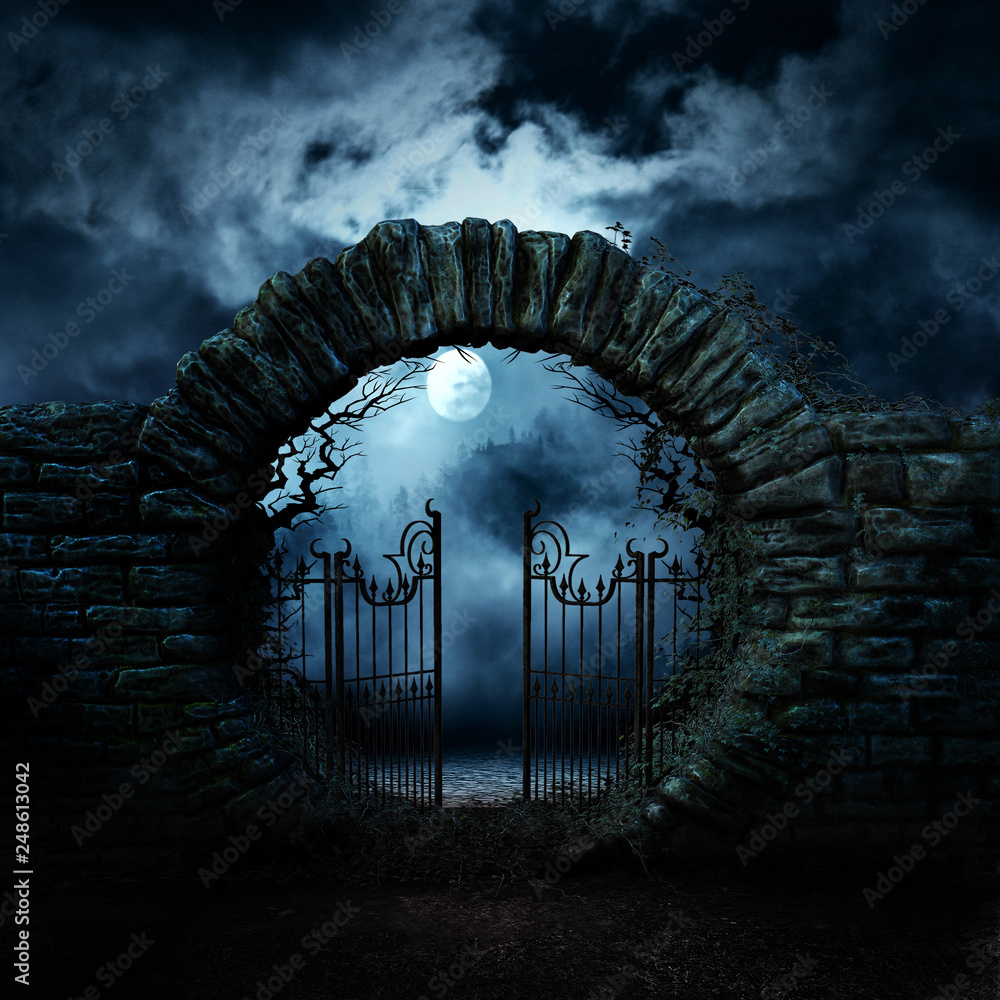scary gate. Horror night. Moonlight. ilustração do Stock | Adobe Stock