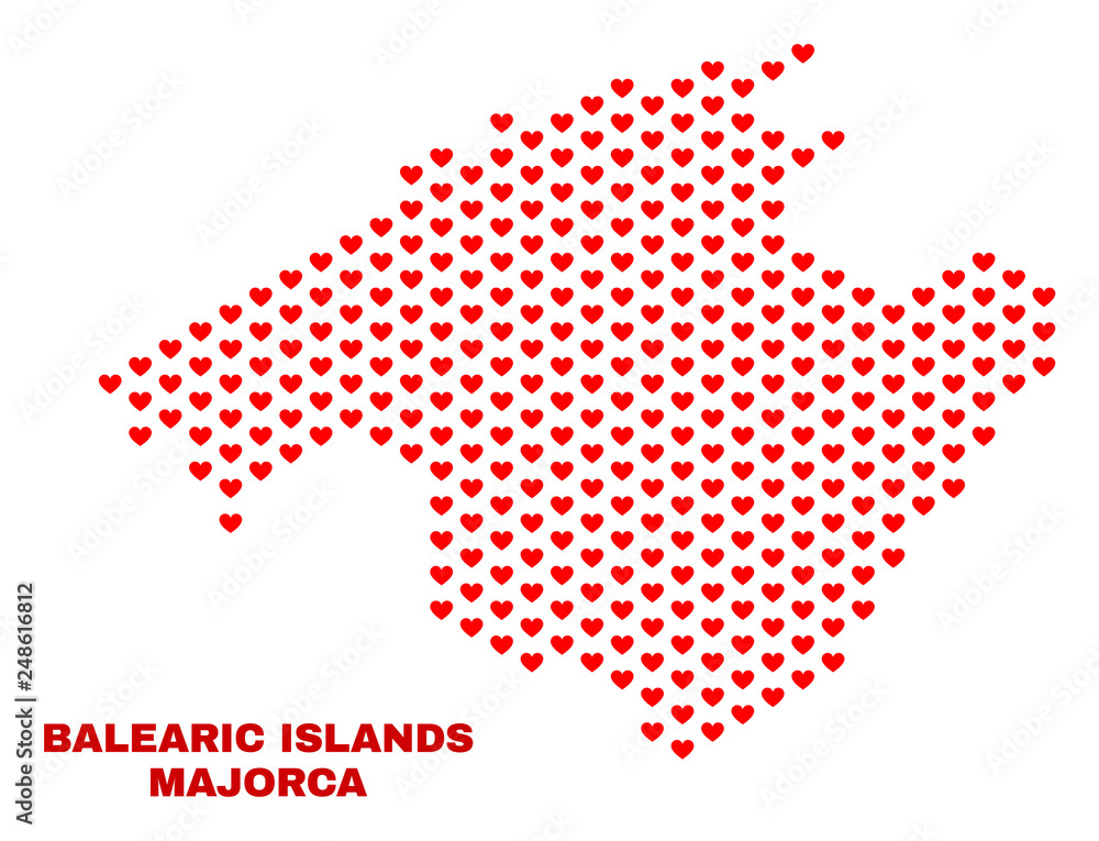 Mosaic Majorca map of love hearts in red color isolated on a white ...