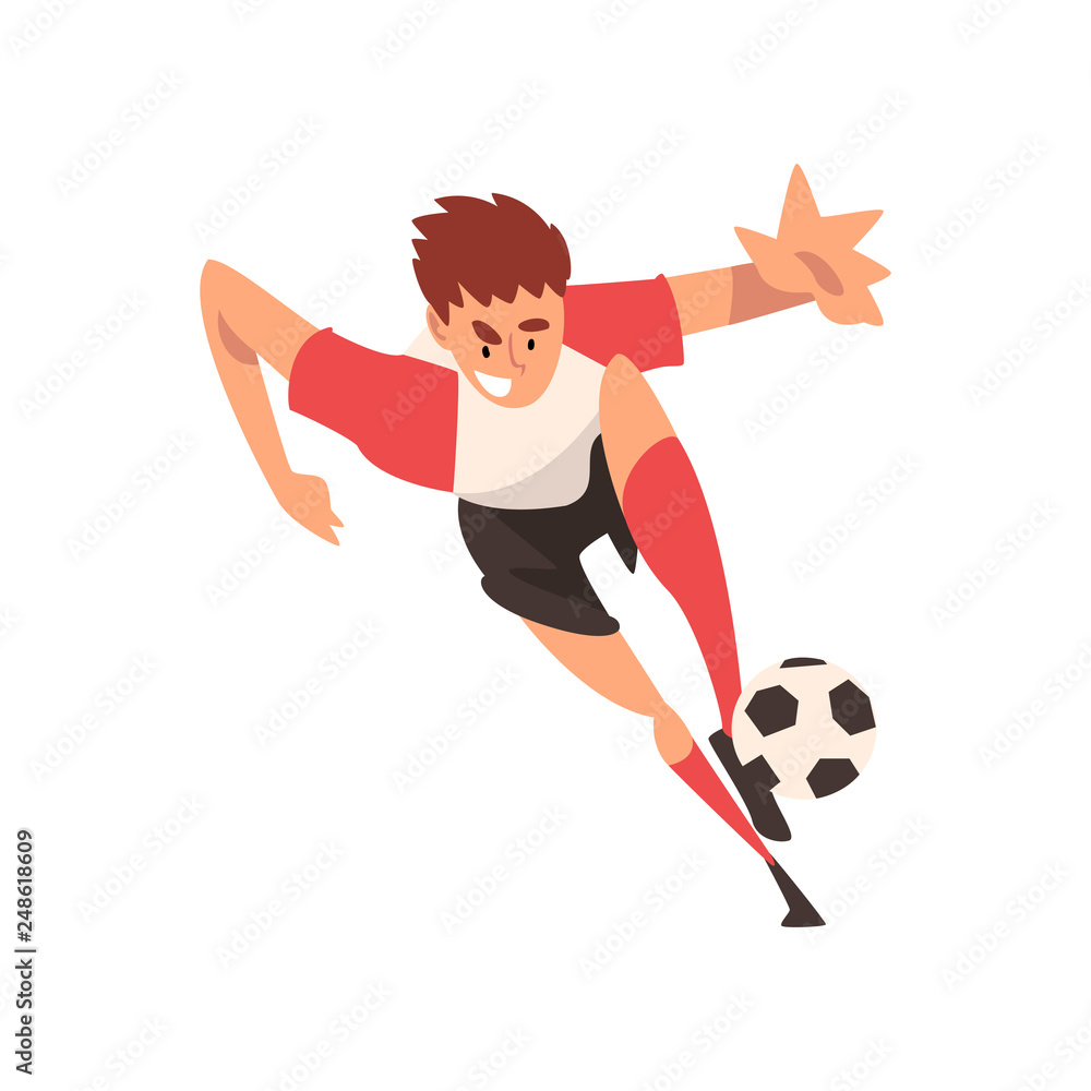 Soccer Player Kicking Ball, Football Player Character in Uniform ...