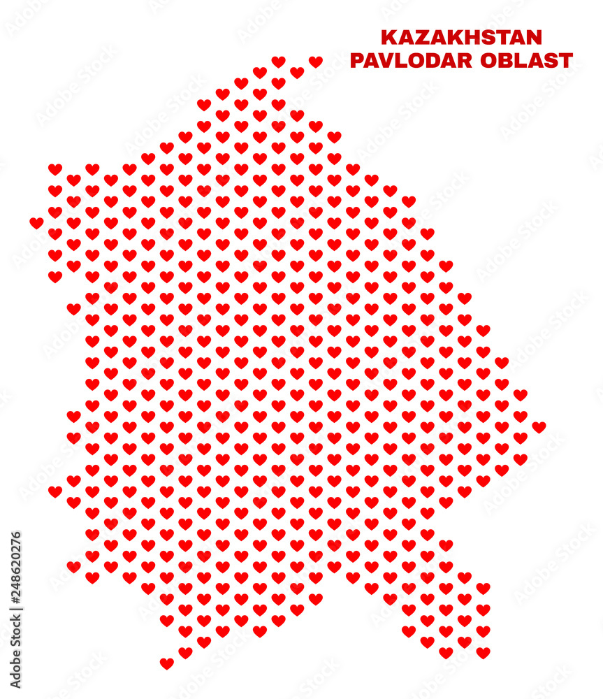 Mosaic Pavlodar Region map of heart hearts in red color isolated on a ...