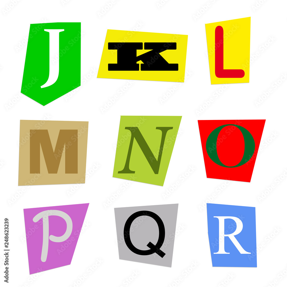 colorful alphabet cut out from magazine letters J to R in high ...