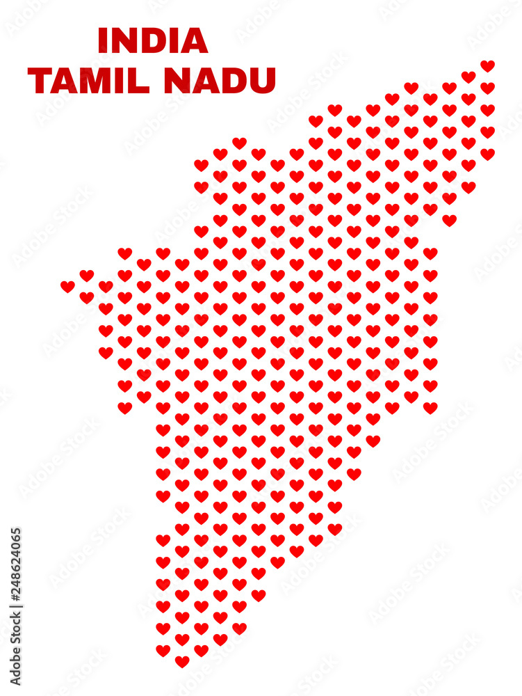 Mosaic Tamil Nadu State map of heart hearts in red color isolated on a ...