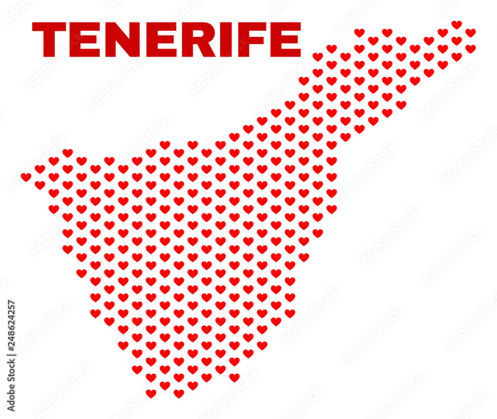 Mosaic Tenerife map of love hearts in red color isolated on a white ...