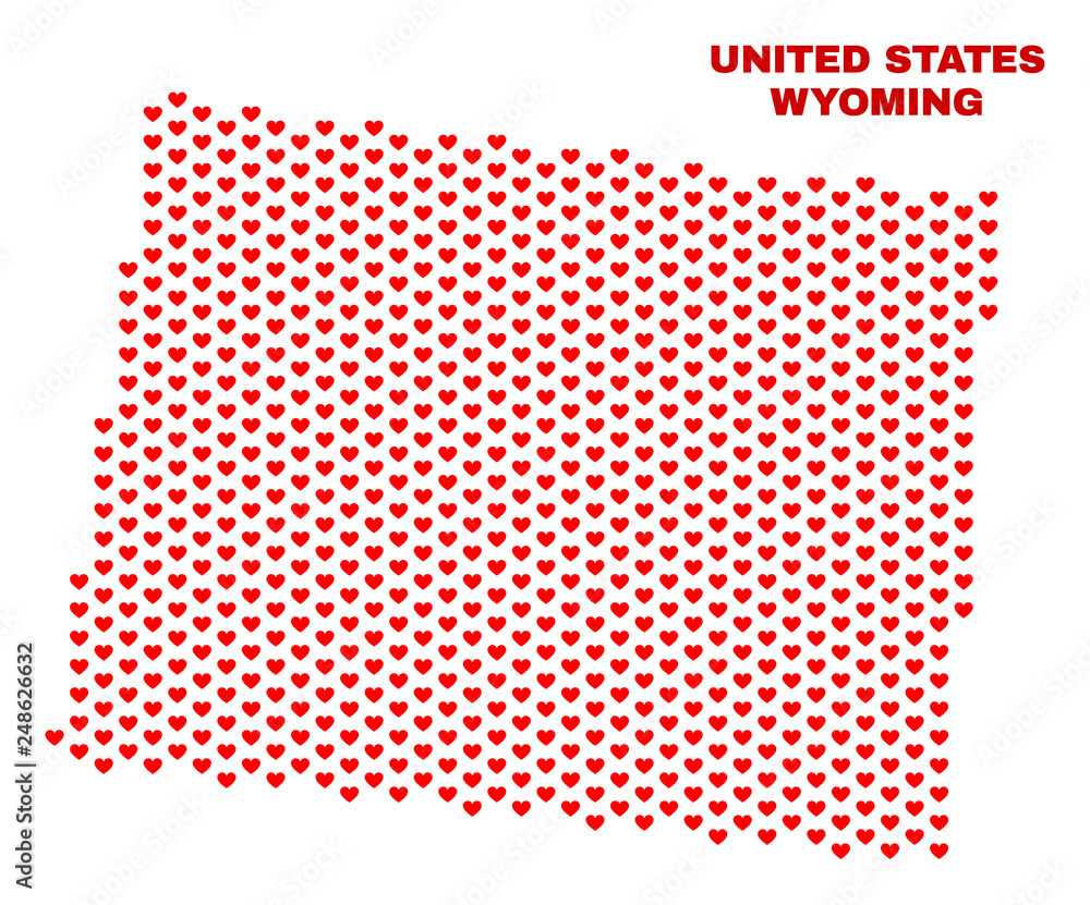 Mosaic Wyoming State map of valentine hearts in red color isolated on a ...