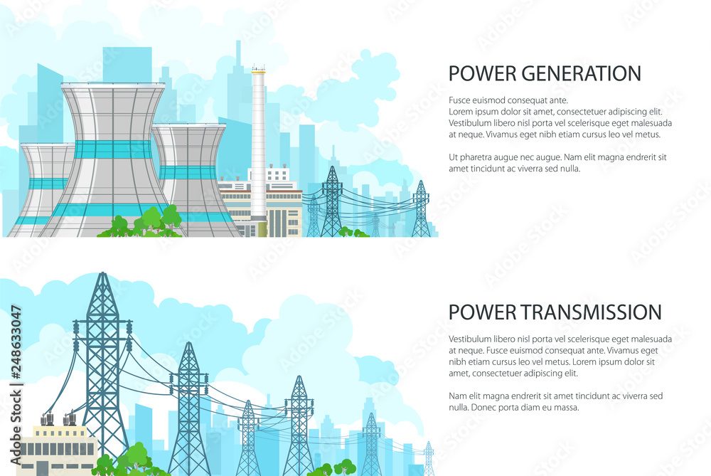 Set of White Banners with Electric Transmission, Nuclear Plant or ...