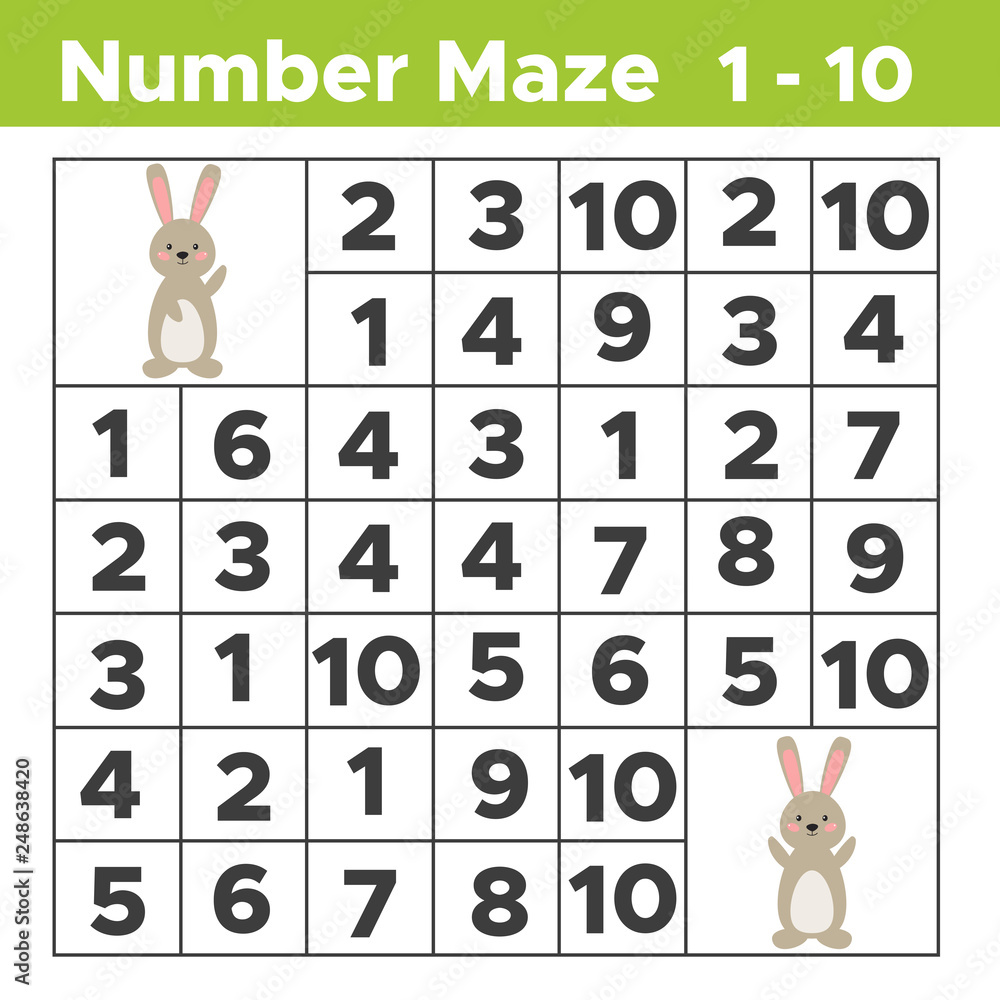 Number maze, math puzzle game for children. Help the rabbit find his ...