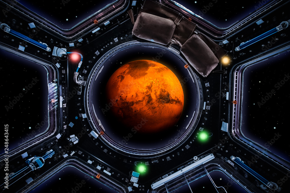 Travel to mars. Planet Mars 3d rendering seen through spaceship windows ...