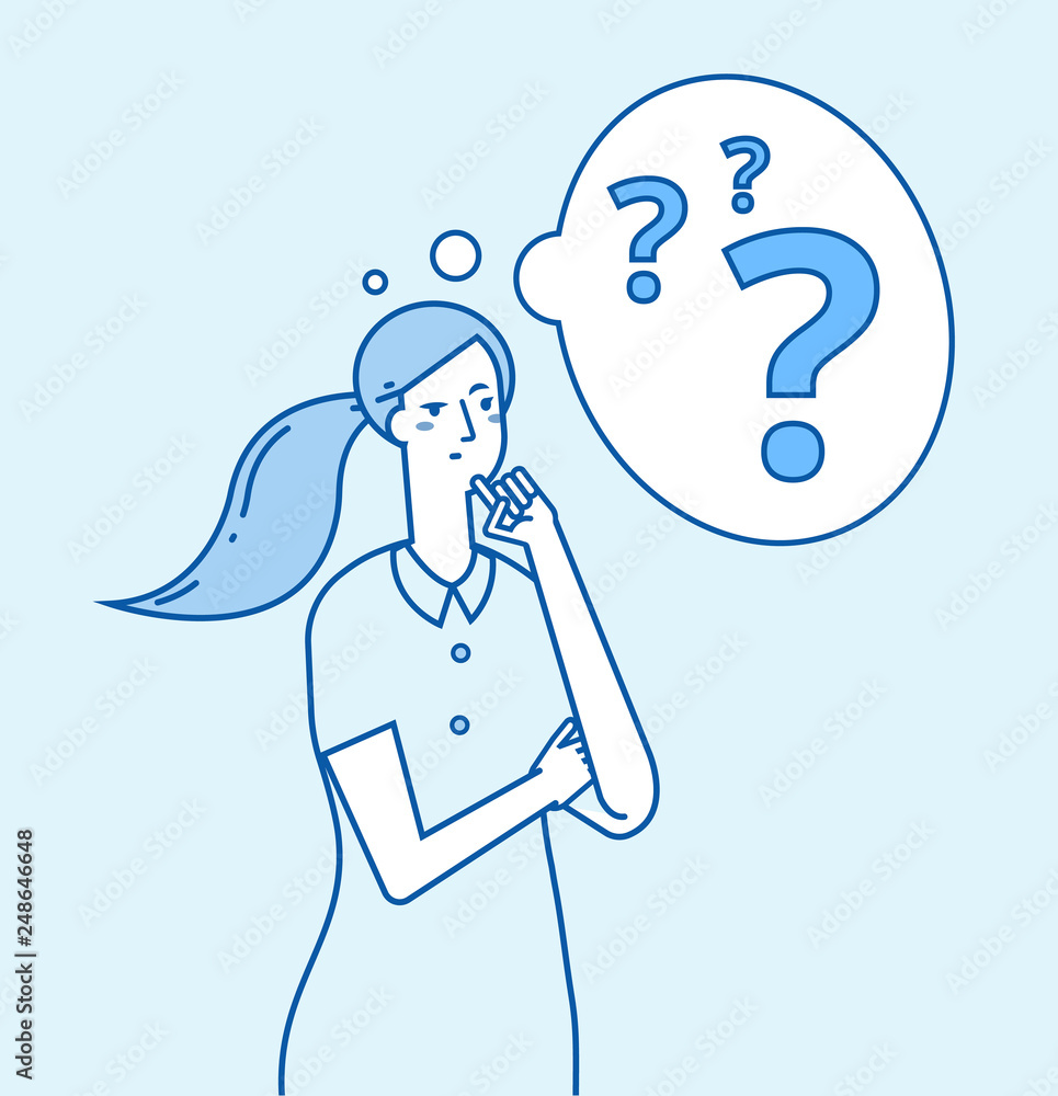 Girl in doubt. Young confused woman thinking. Pensive worried ...