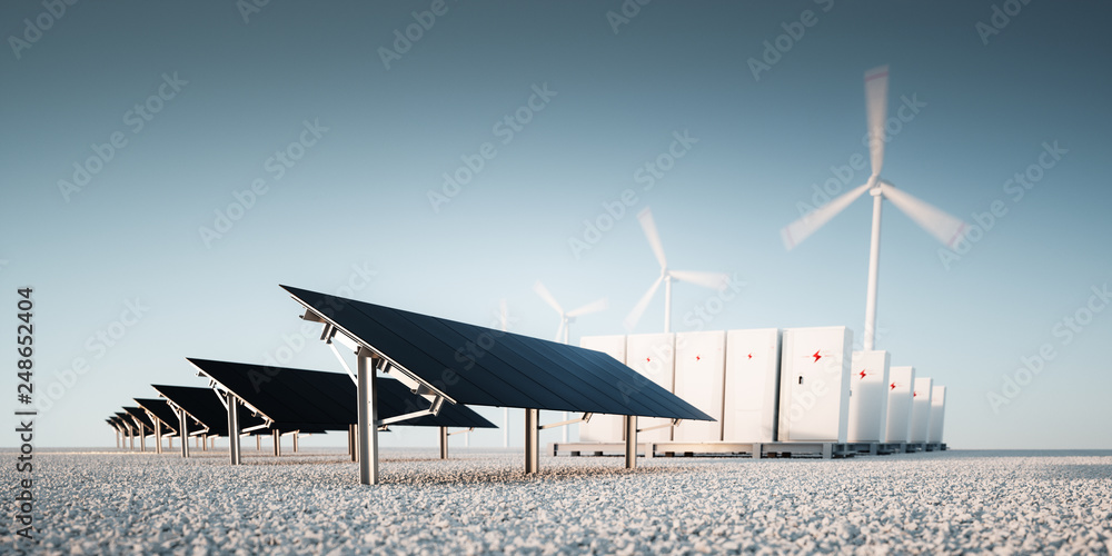 Concept of renewable energy storage at bright clean blue sky ...