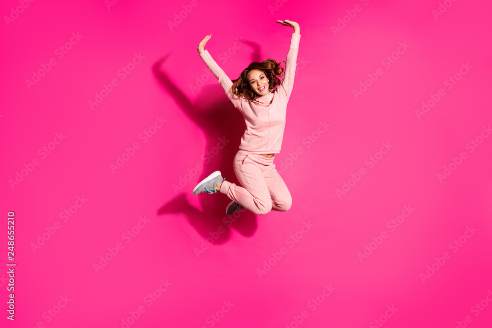 Full length body size photo flight high amazing she her lady hands arms ...