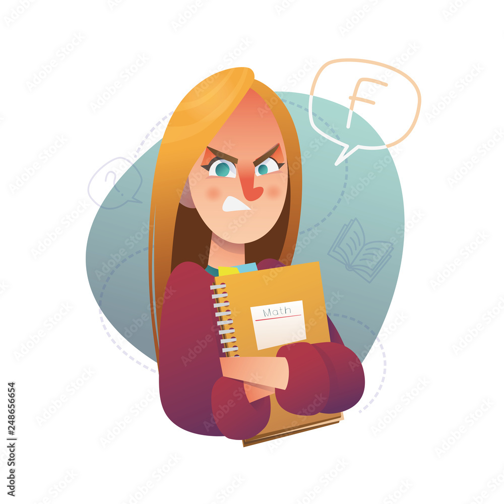 Cartoon science vector illustration with girl study exam on white ...