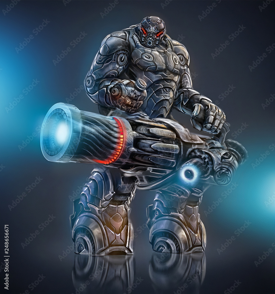 Alien cyborg transformer holding fiery gun concept illustration Stock ...