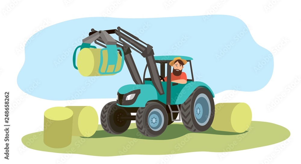 The farmer drives a tractor and loads hay Stock Vector | Adobe Stock
