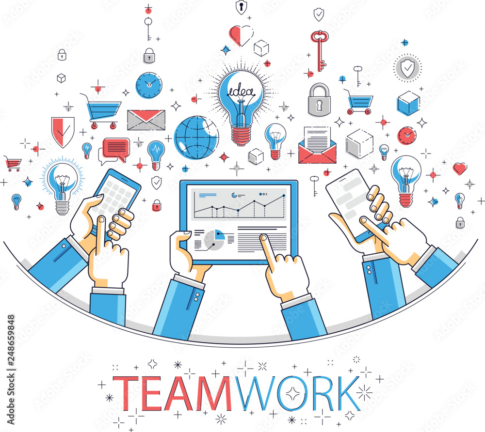 Internet teamwork online team is working and having communication using ...