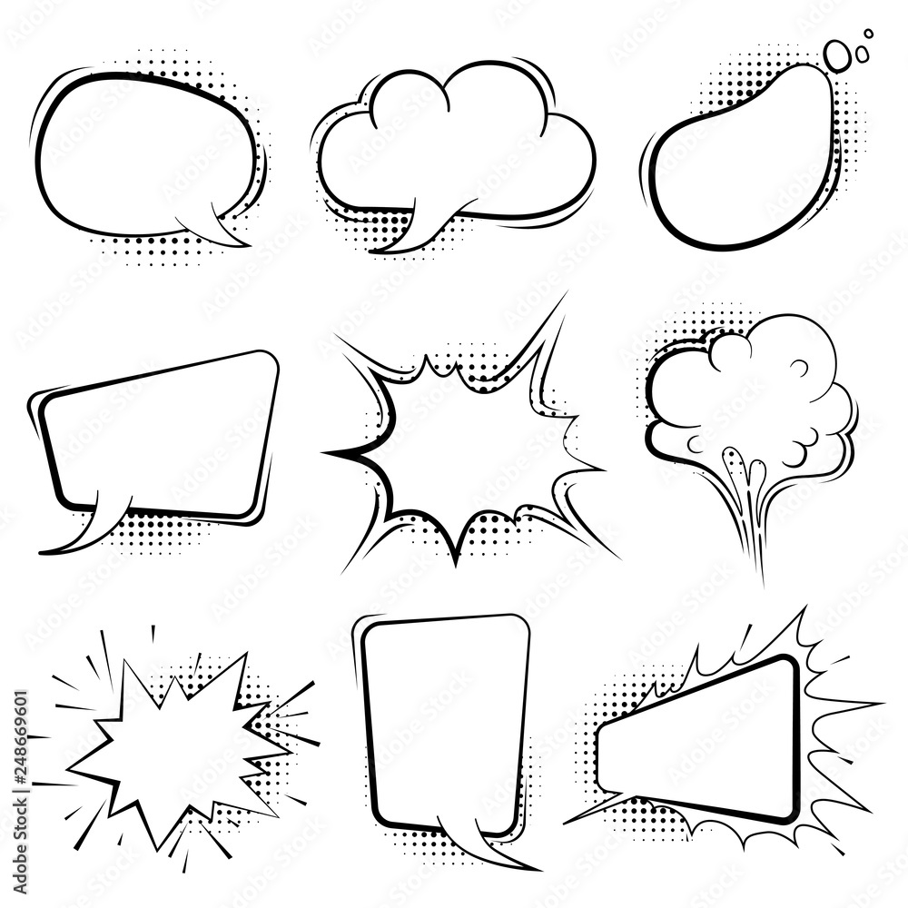 Comic speech bubbles. Retro cartoon balloon splashes shapes for book ...