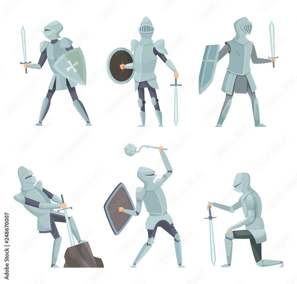 Cartoon knights. Medieval warrior on horse vector cartoon characters in ...