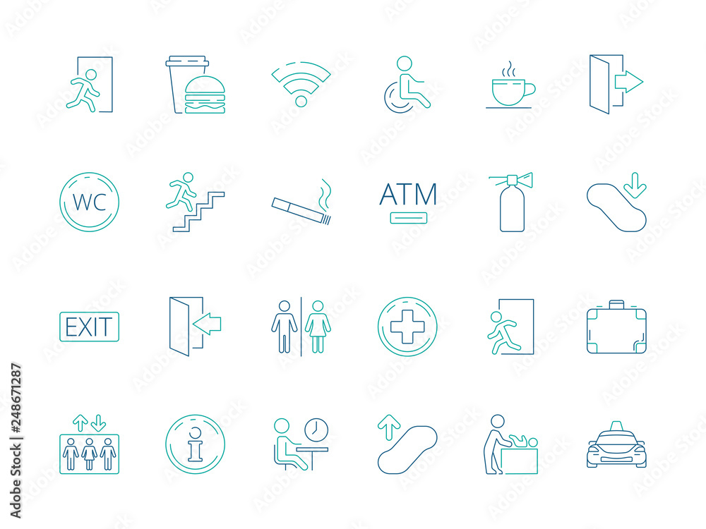 Public symbols. Navigate pictogram disabled toilet wifi bathroom vector ...