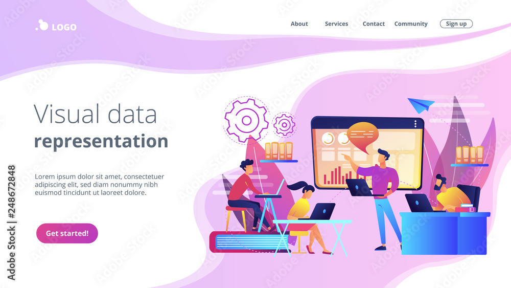 Business team with laptops look at digital presentation with charts ...