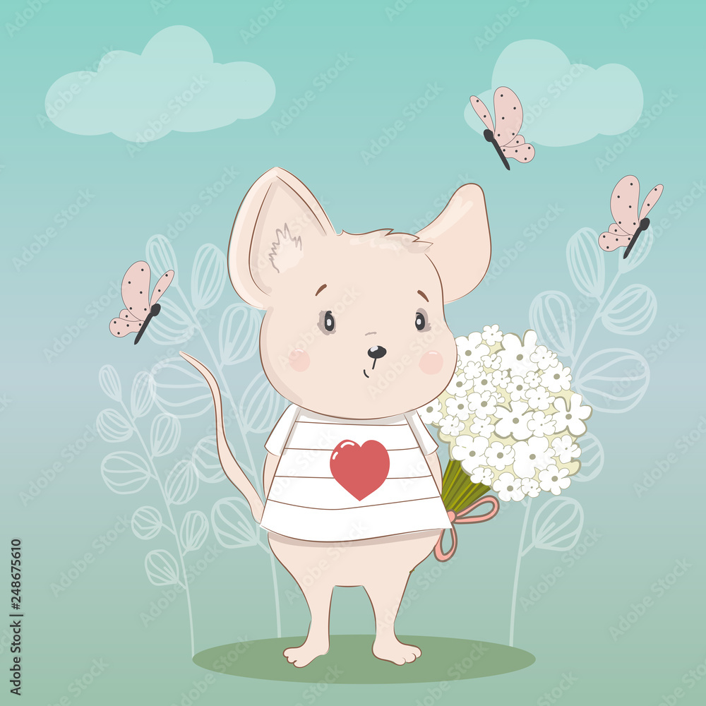 Cute little mouse with a bouquet of flowers. Drawn by hand. Vector ...