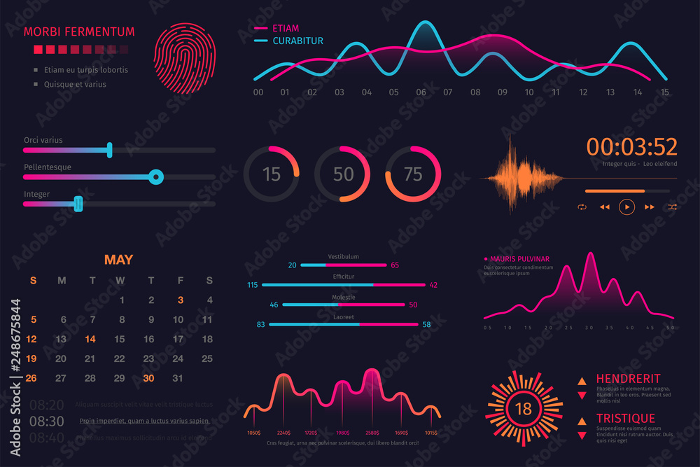 Infographic dashboard template. Data screen with colorful graphs, charts and HUD elements ...