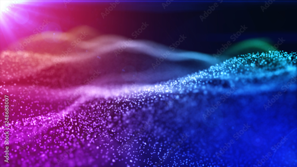 Particles form line and surface grid. 3d rendering. Science fiction ...