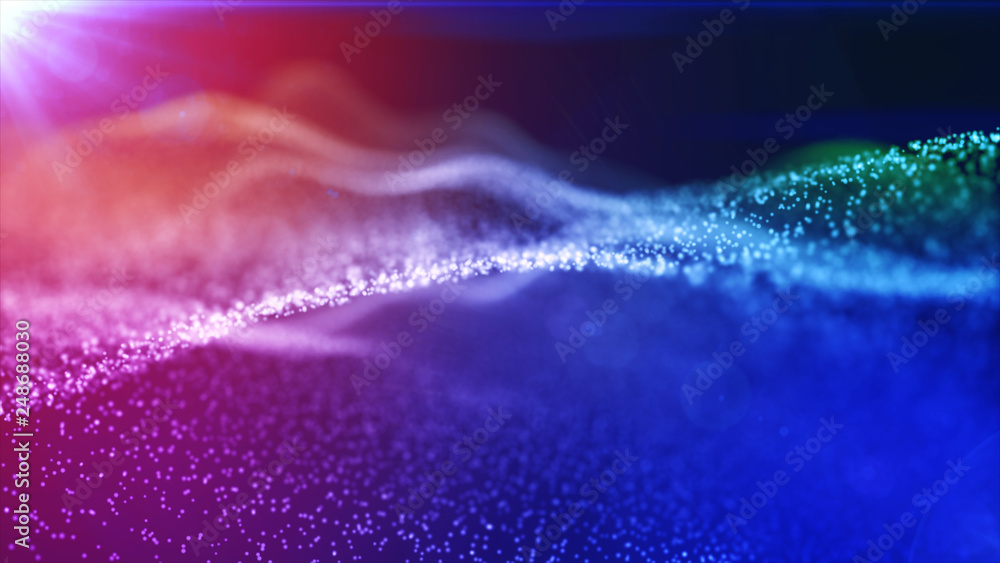 Particles form line and surface grid. 3d rendering. Science fiction ...