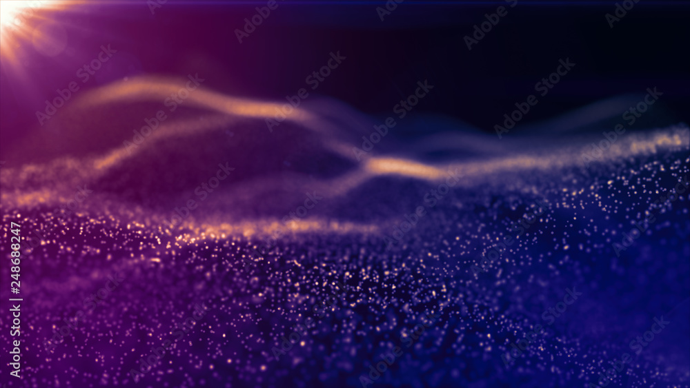 Particles form line and surface grid. 3d rendering. Science fiction ...