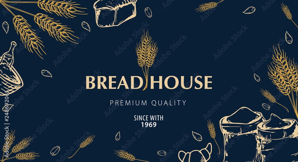 Bakery background with wheats. Linear graphic. Bread banner collection ...