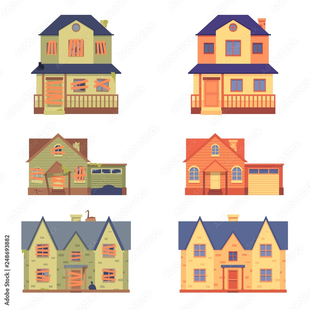 Vector set of home renovation in flat cartoon style, before and after ...