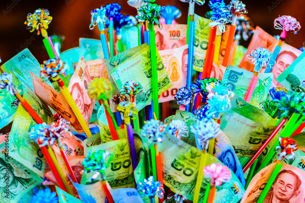 Variety of Thai bill on a money tree in Kathin Annual Ceremony after ...
