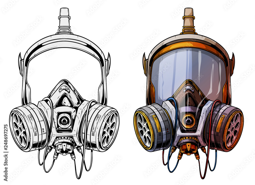 Graphic detailed chemical gas mask respirator with protective glass and ...